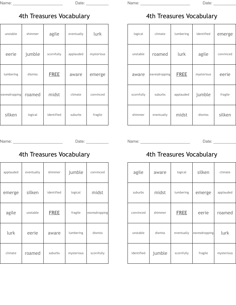 4th Treasures Vocabulary Bingo Cards - WordMint