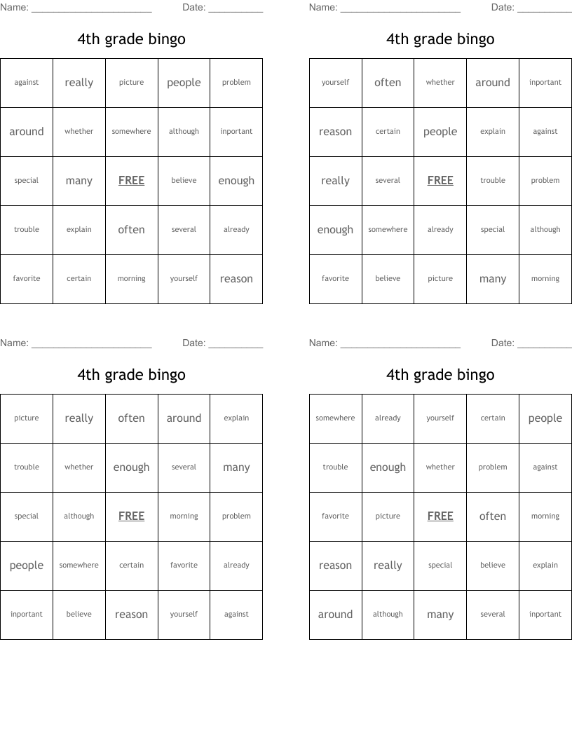 4th grade bingo - WordMint