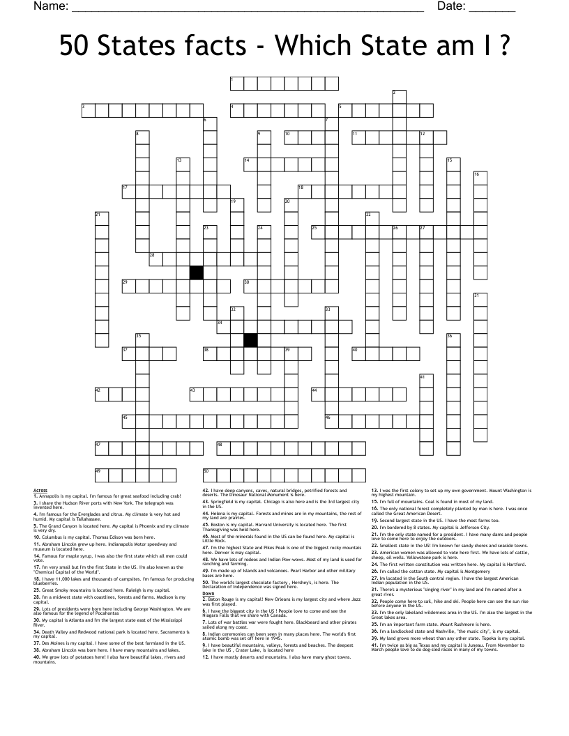 50 States facts - Which State am I ? Crossword - WordMint