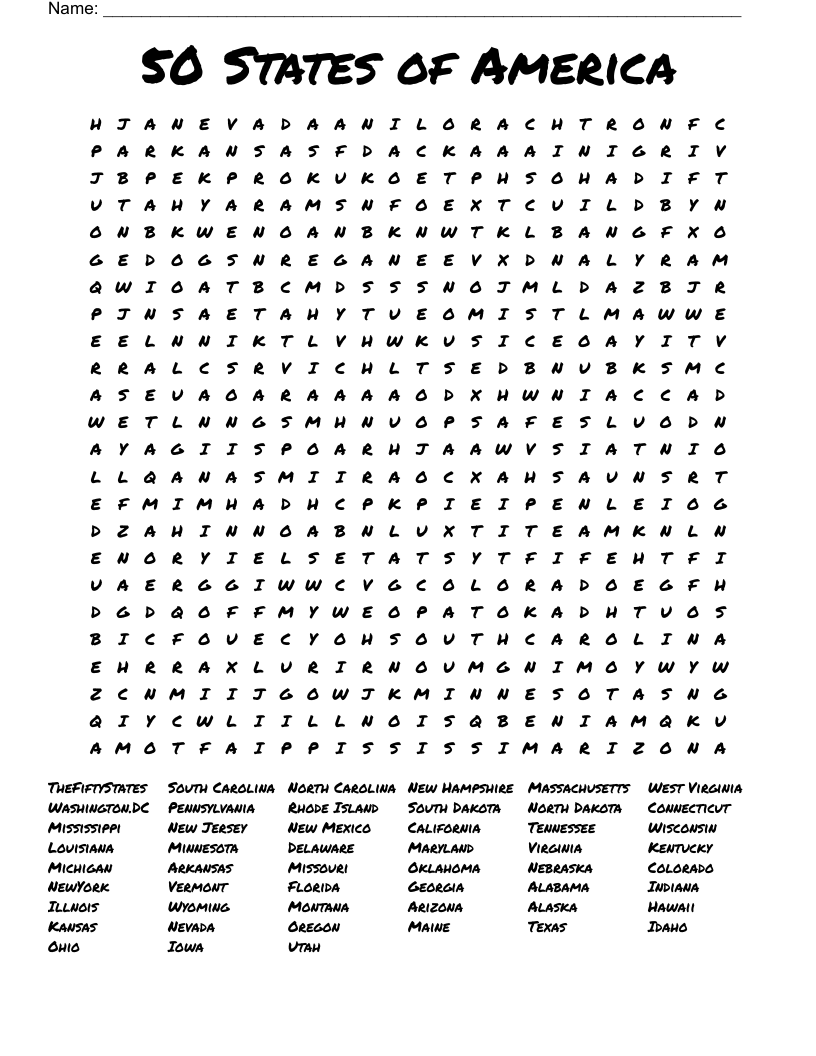 50 States Of America Word Search WordMint