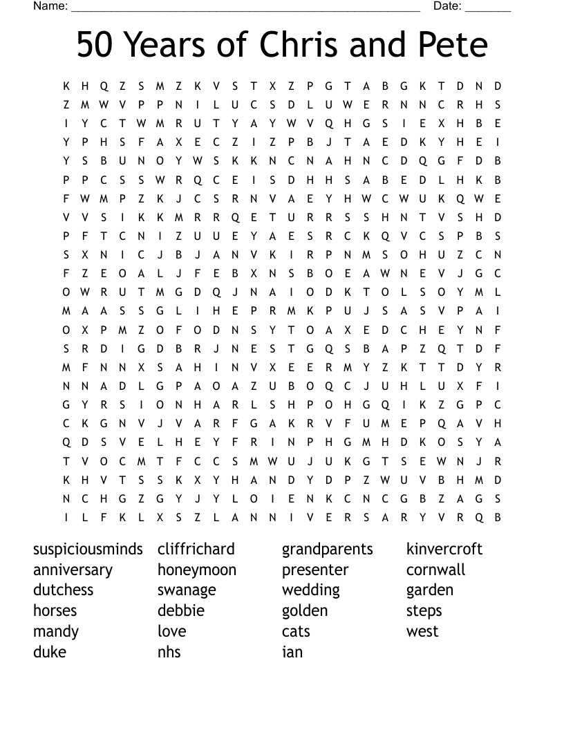 50 Years of Chris and Pete Word Search - WordMint