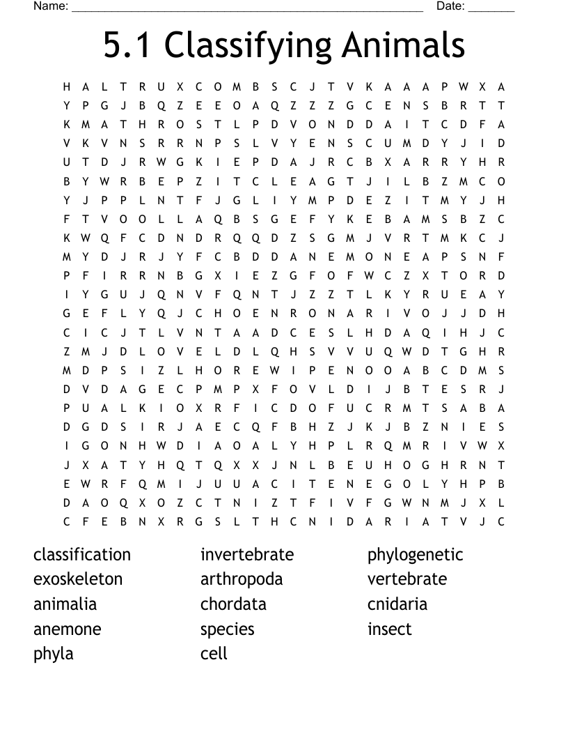 5.1 Classifying Animals Word Search - WordMint