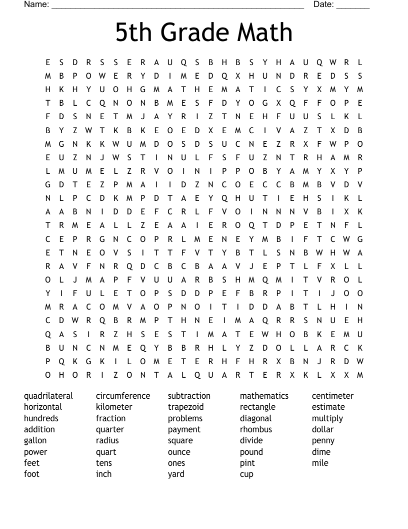 3RD GRADE MATH Word Search WordMint