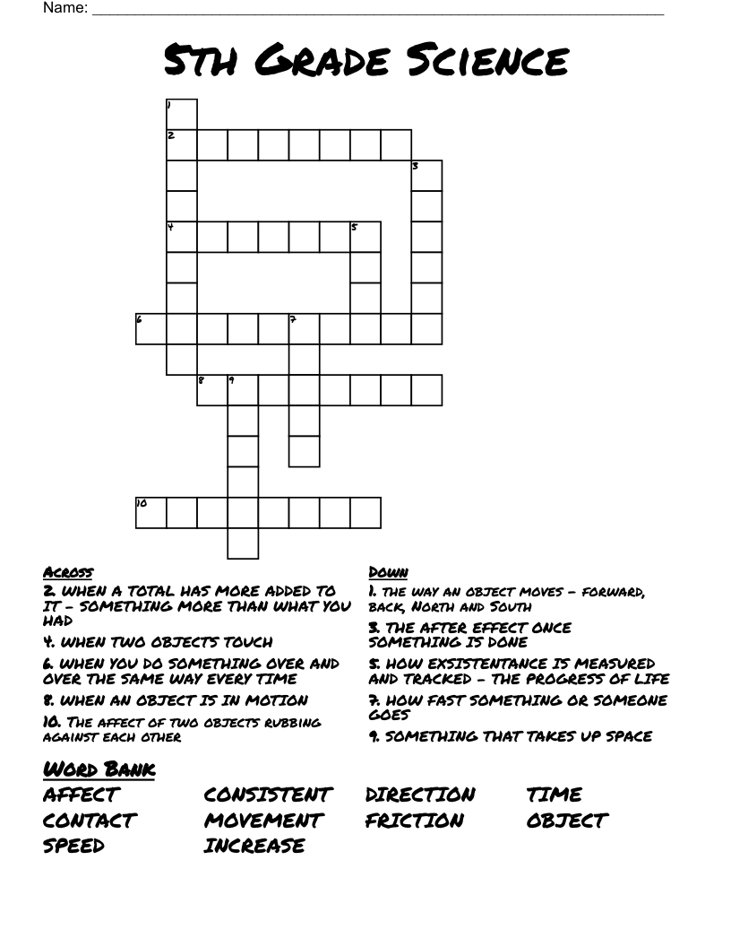 5th Grade Science Crossword - WordMint