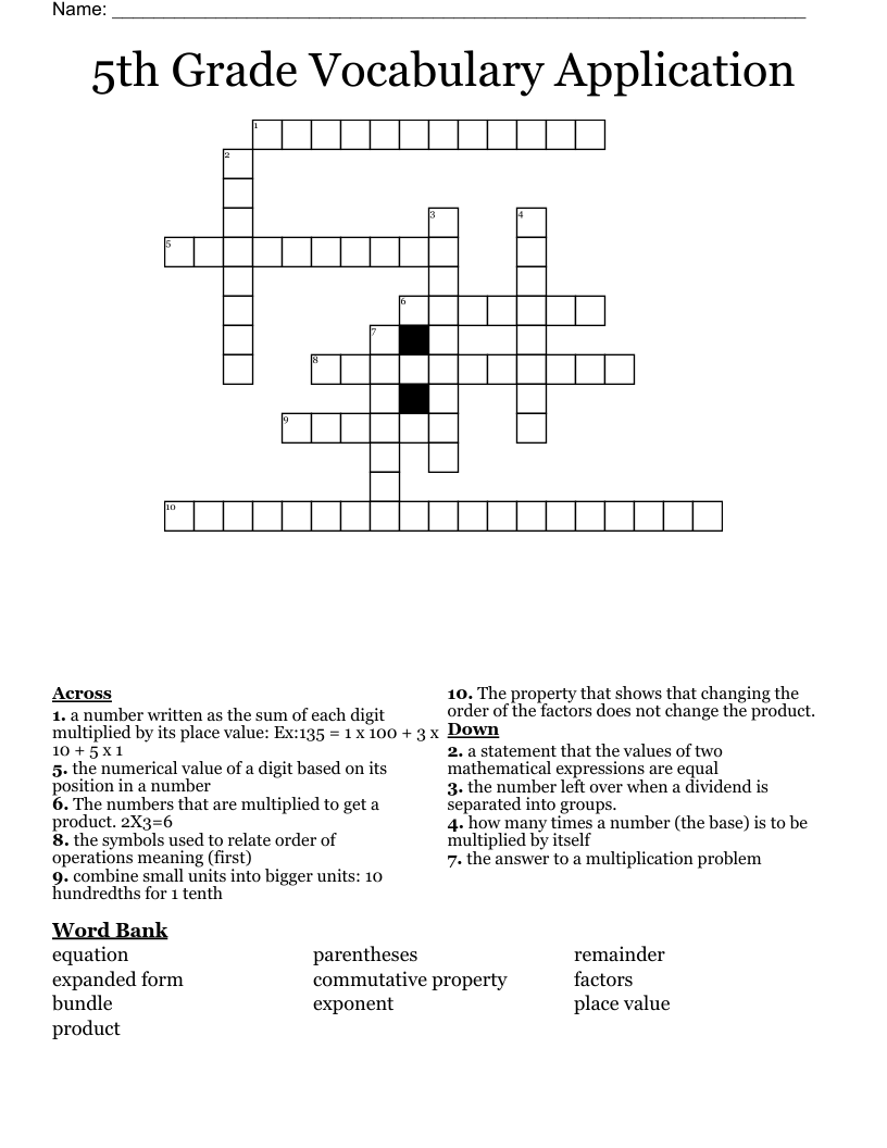 5th Grade Vocabulary Application Crossword - WordMint
