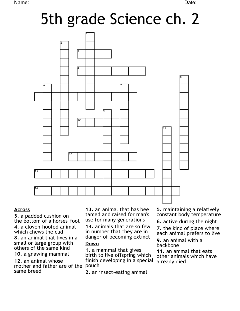 5th Grade Science Ch 2 Crossword WordMint