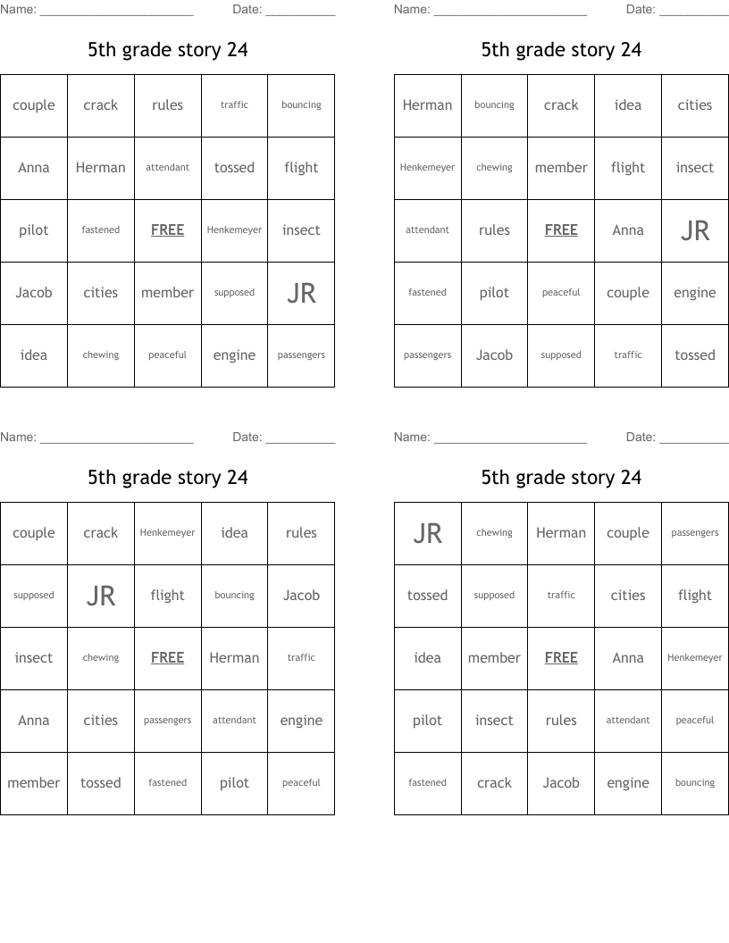 5th grade story 24 Bingo Cards - WordMint