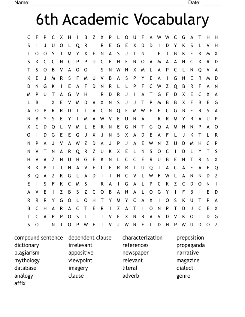 6th Academic Vocabulary Word Search - WordMint