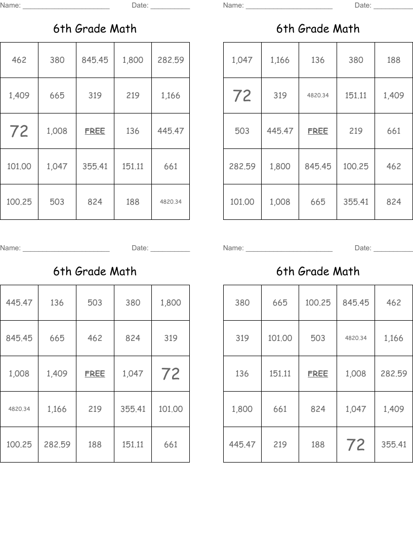 6th Grade Math Bingo Cards - WordMint