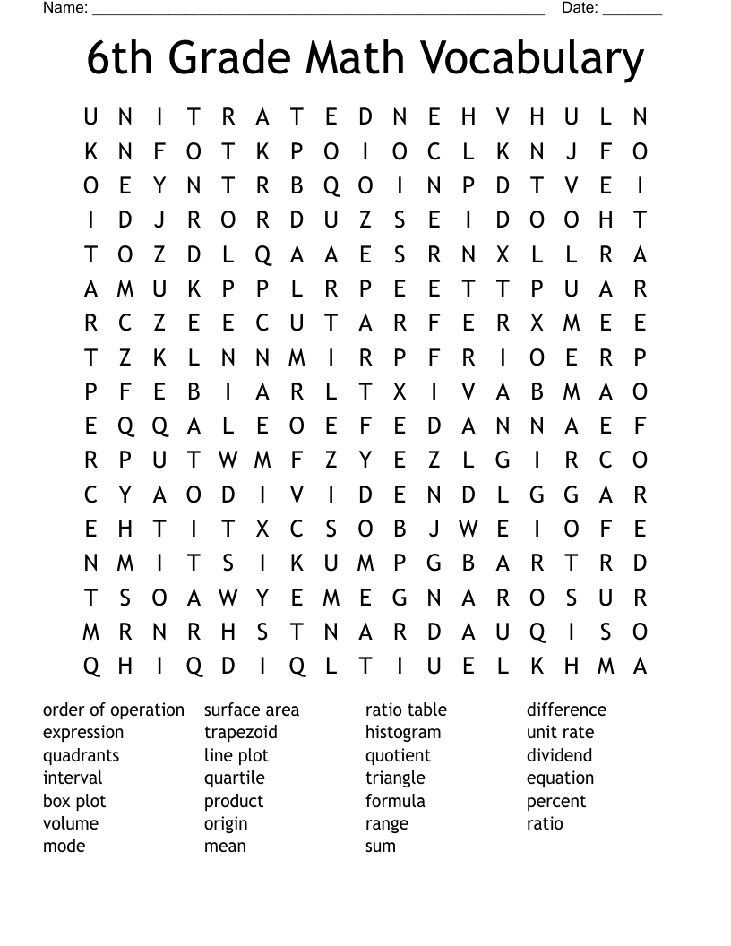 6th Grade Math Word Search WordMint