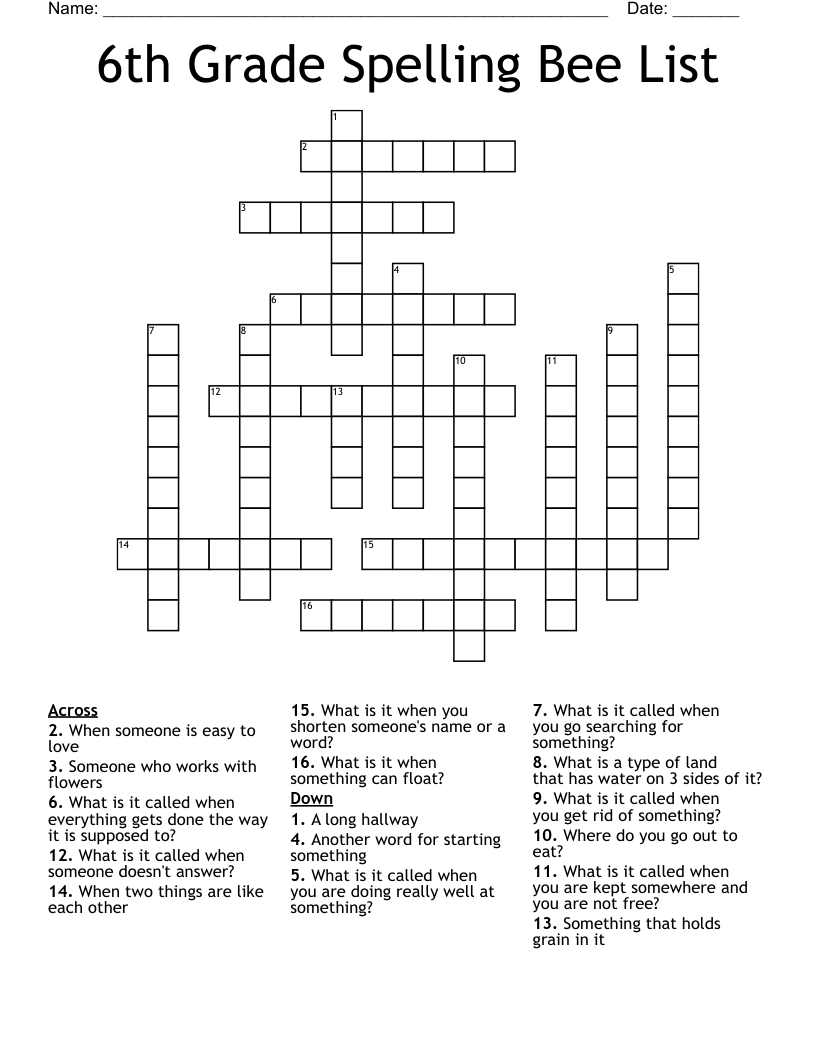 6th Grade Spelling Bee List Crossword - WordMint