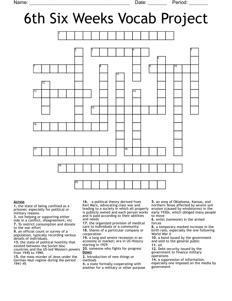 6th Six Weeks Vocab Project Crossword - WordMint