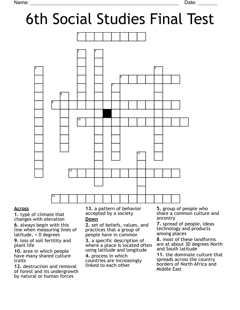 6th Social Studies Final Test Crossword - WordMint
