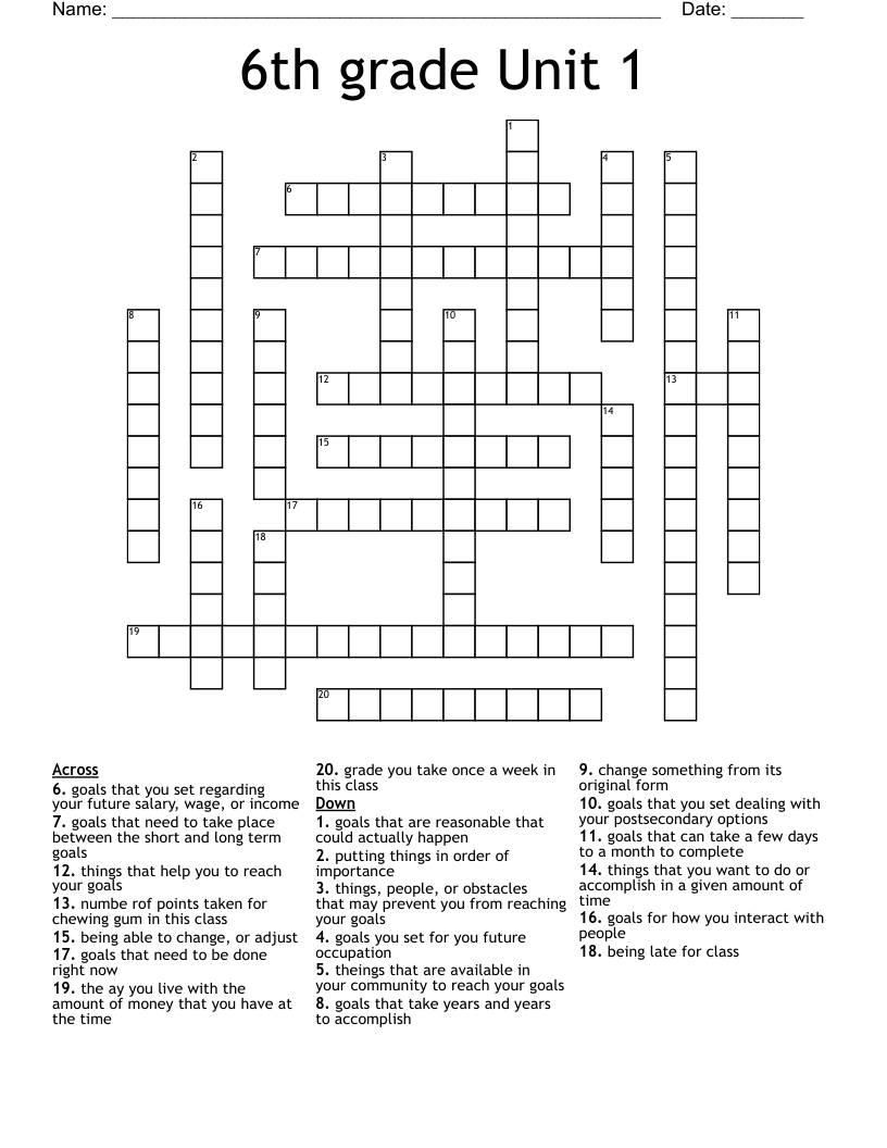 6th grade Unit 1 Crossword - WordMint