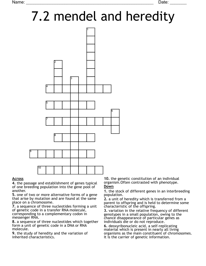 7.2 mendel and heredity Crossword - WordMint