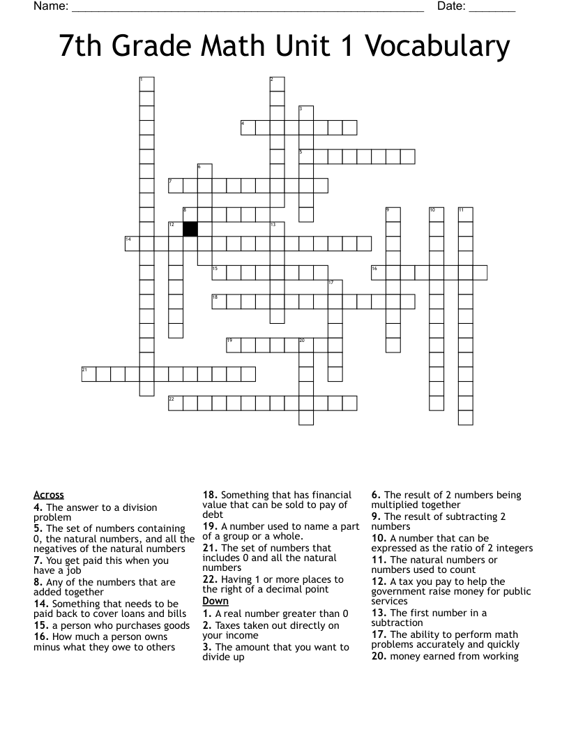 7th Grade Math Unit 1 Vocabulary Crossword WordMint