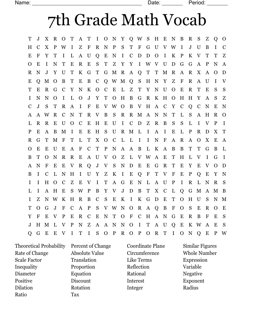 7th Grade Math Vocab Word Search WordMint