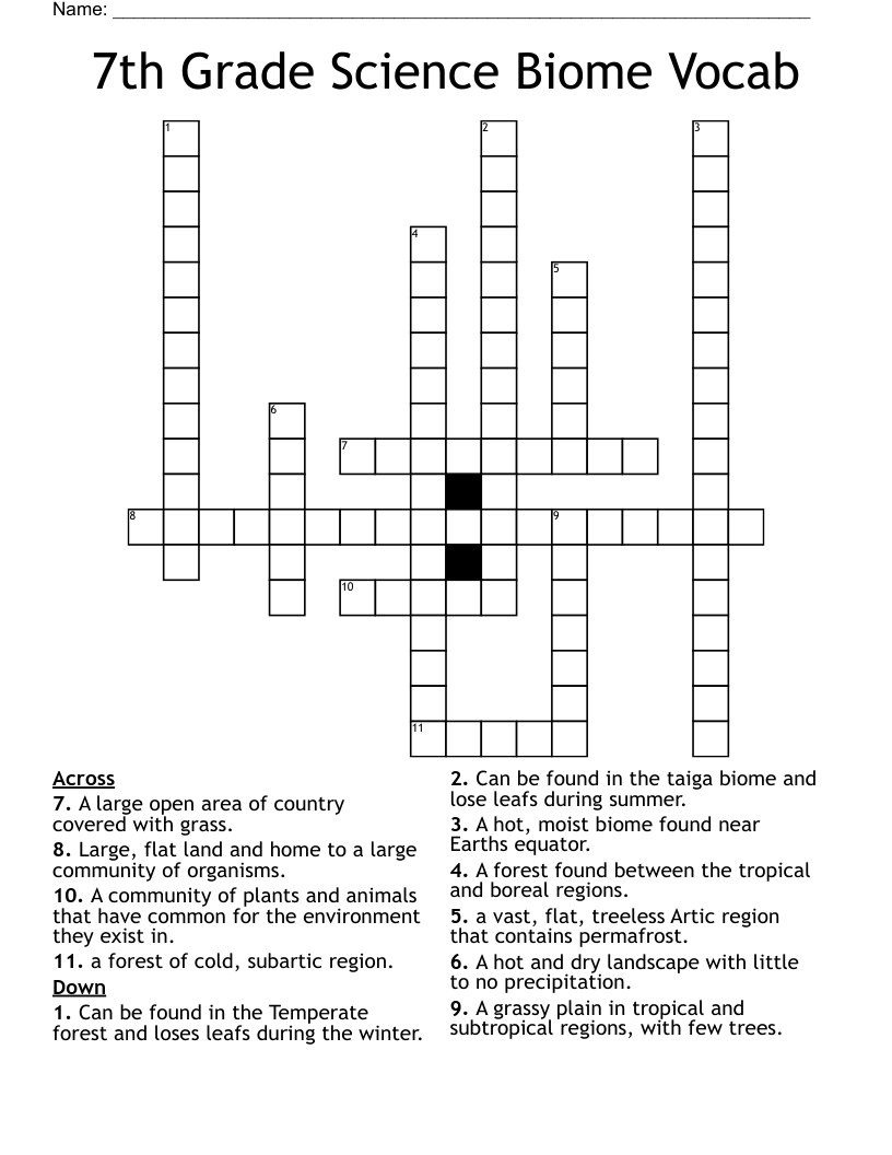 7th Grade Science Biome Vocab Crossword WordMint