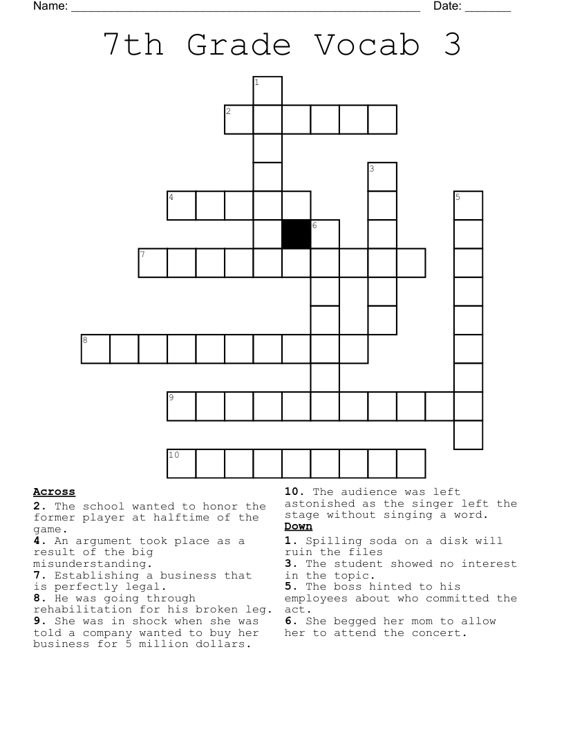 7th Grade Vocab 3 Crossword - WordMint