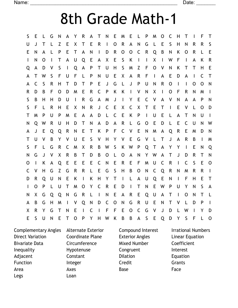 8th Grade Math 1 Word Search WordMint