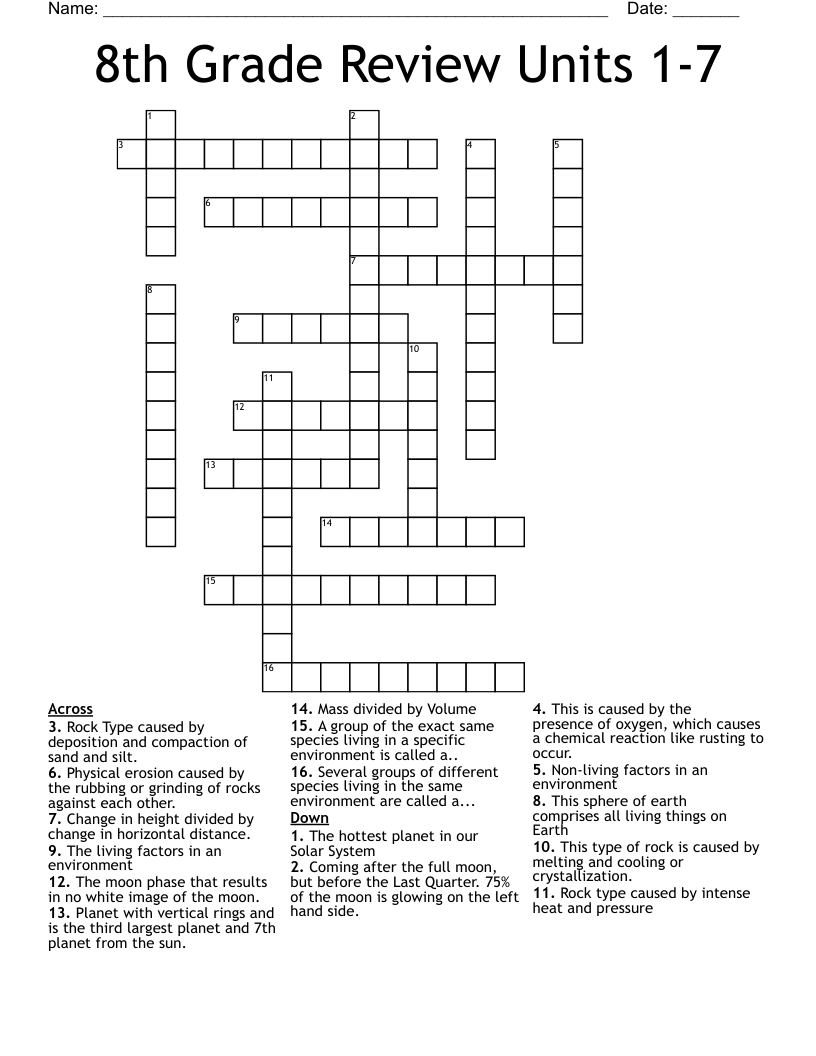 8th Grade Review Units 1-7 Crossword - WordMint