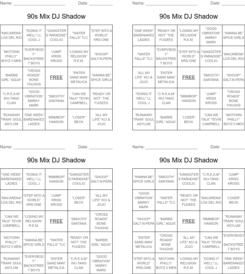 Miss the 90's Bingo Cards - WordMint