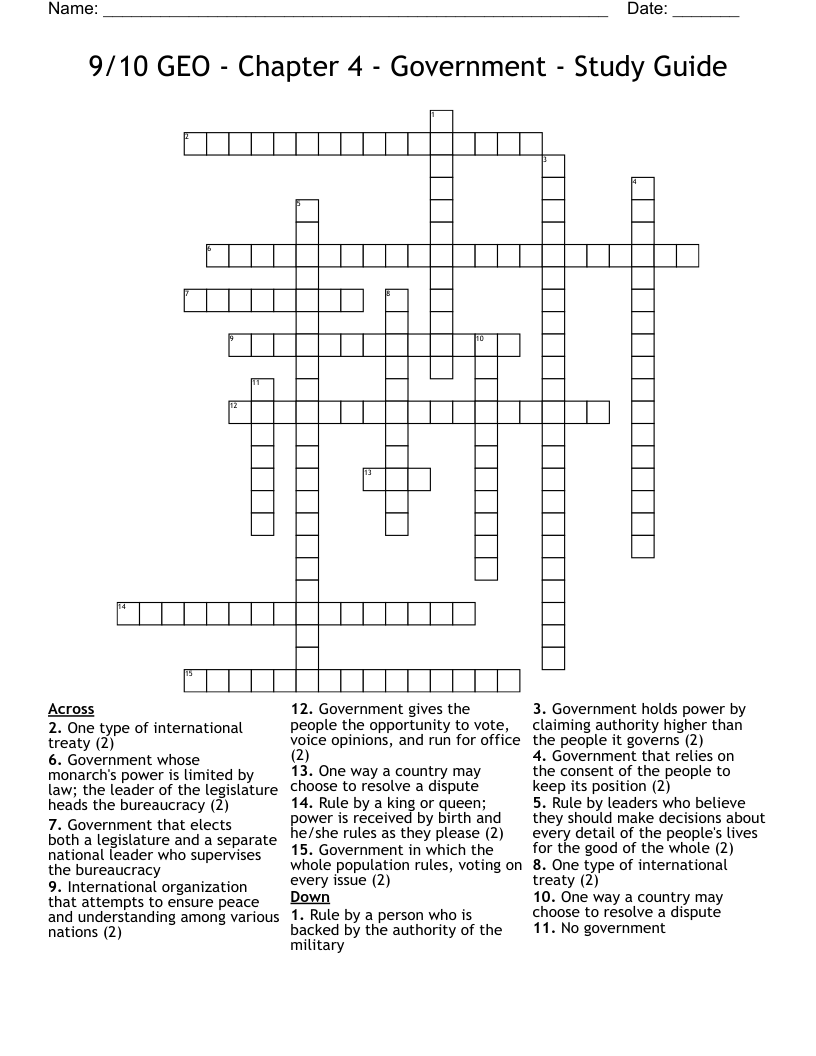 9/10 GEO - Chapter 4 - Government - Study Guide Crossword - WordMint