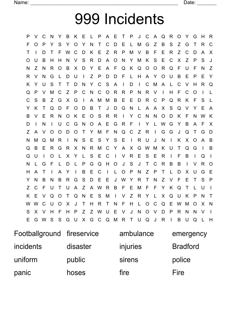 999 Incidents Word Search - WordMint