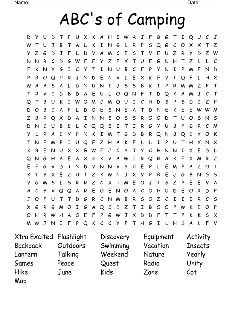 ABC's of Camping Word Search - WordMint