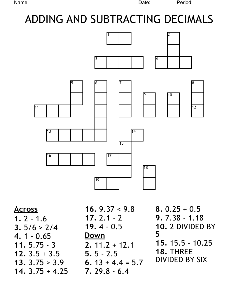 Adding And Subtracting Decimals Bingo WordMint