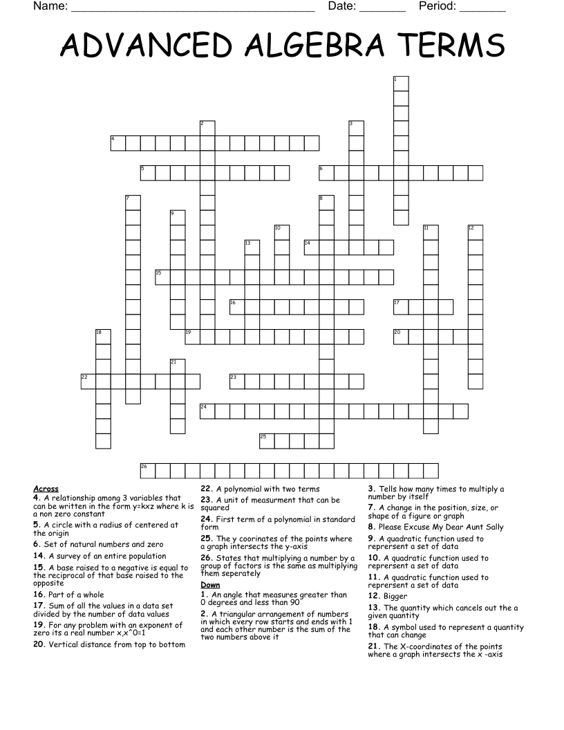 ADVANCED ALGEBRA TERMS Crossword - WordMint