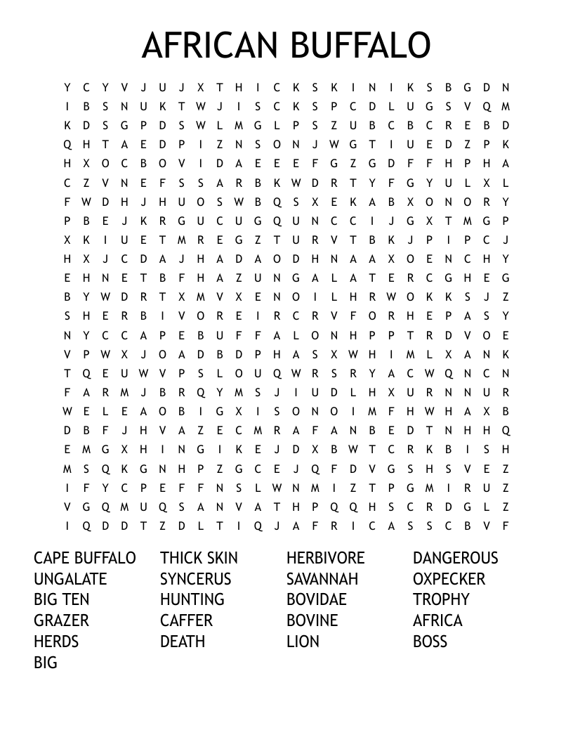 AFRICAN BUFFALO Word Search - WordMint