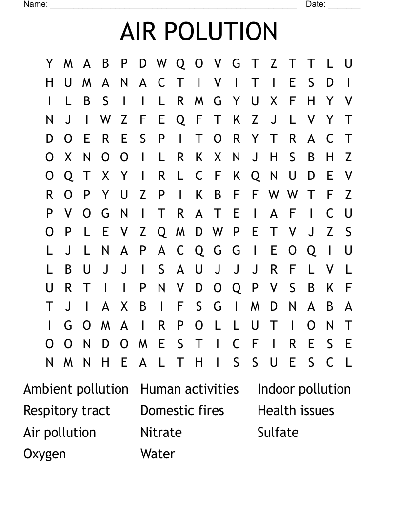 AIR POLUTION Word Search - WordMint