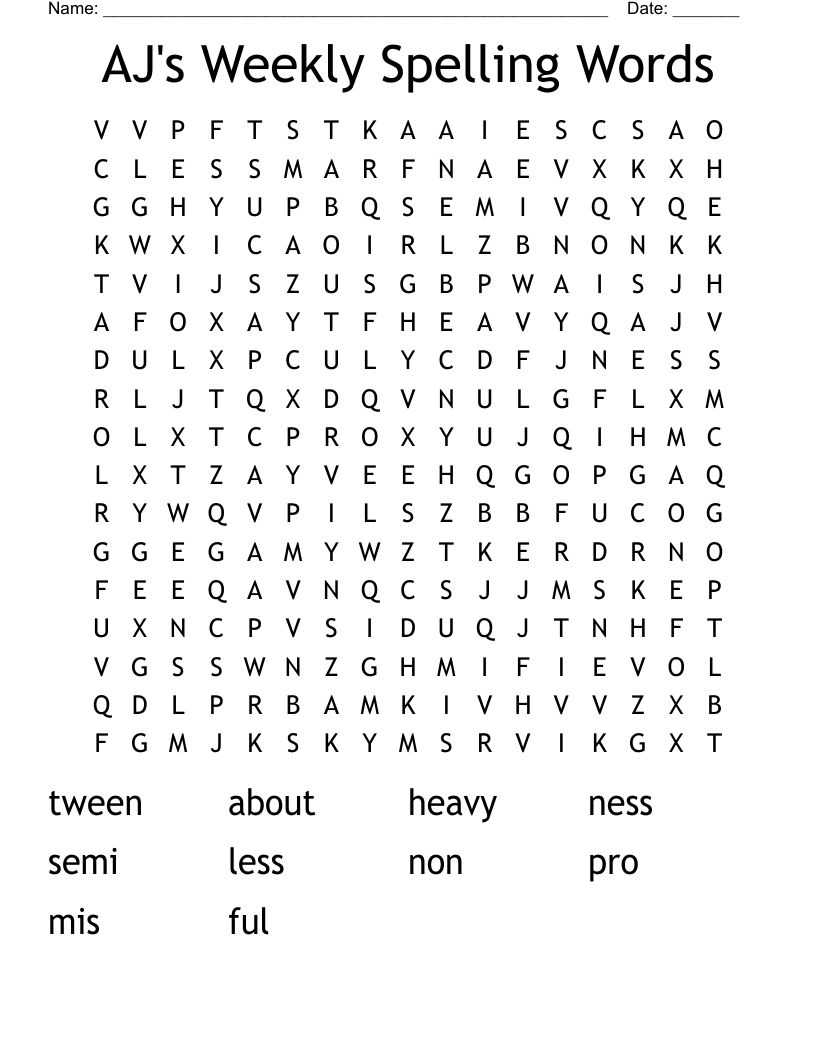 AJ's Weekly Spelling Words Word Search - WordMint