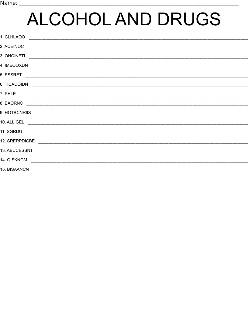 ALCOHOL AND DRUGS Word Scramble - WordMint