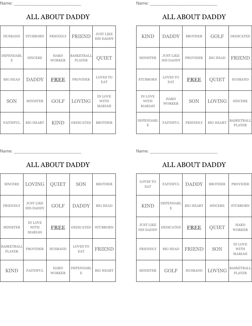 ALL ABOUT DADDY Bingo Cards - WordMint