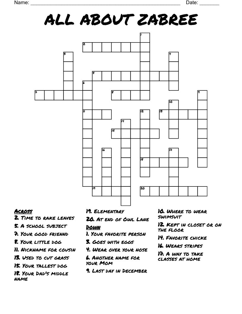 ALL ABOUT ZABREE Crossword - WordMint