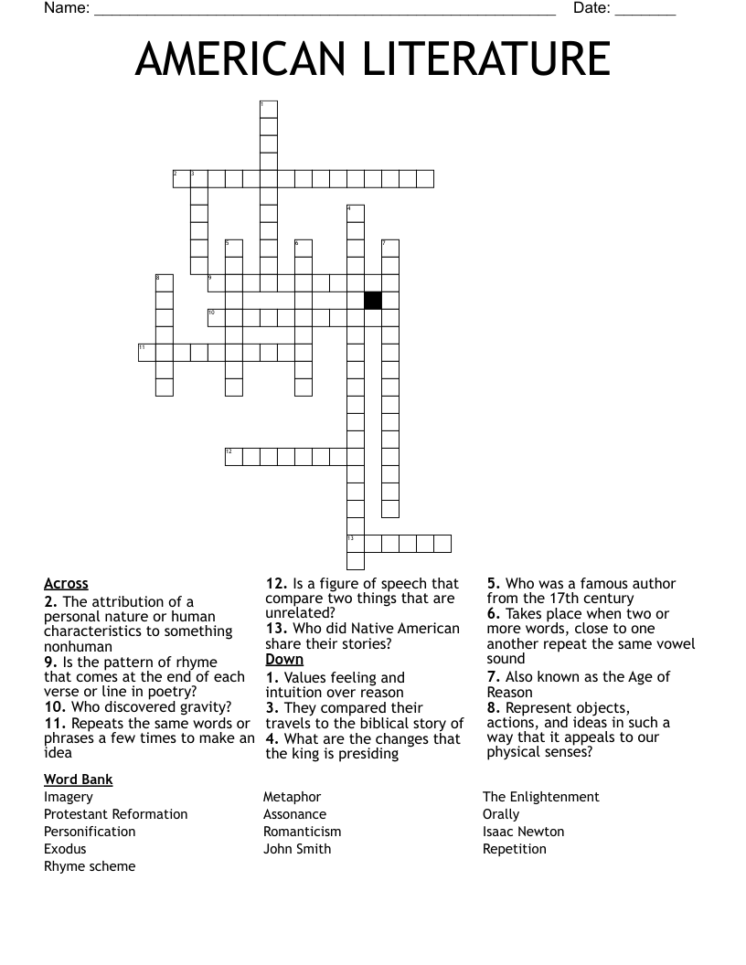 AMERICAN LITERATURE Crossword - WordMint