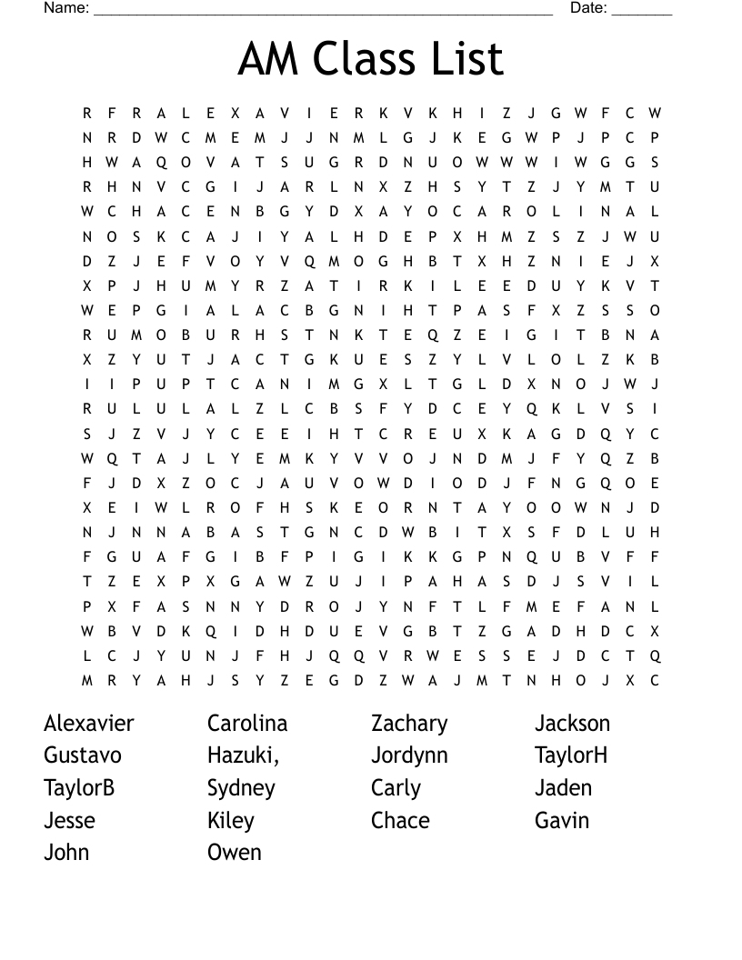 AM Class List Word Search - WordMint