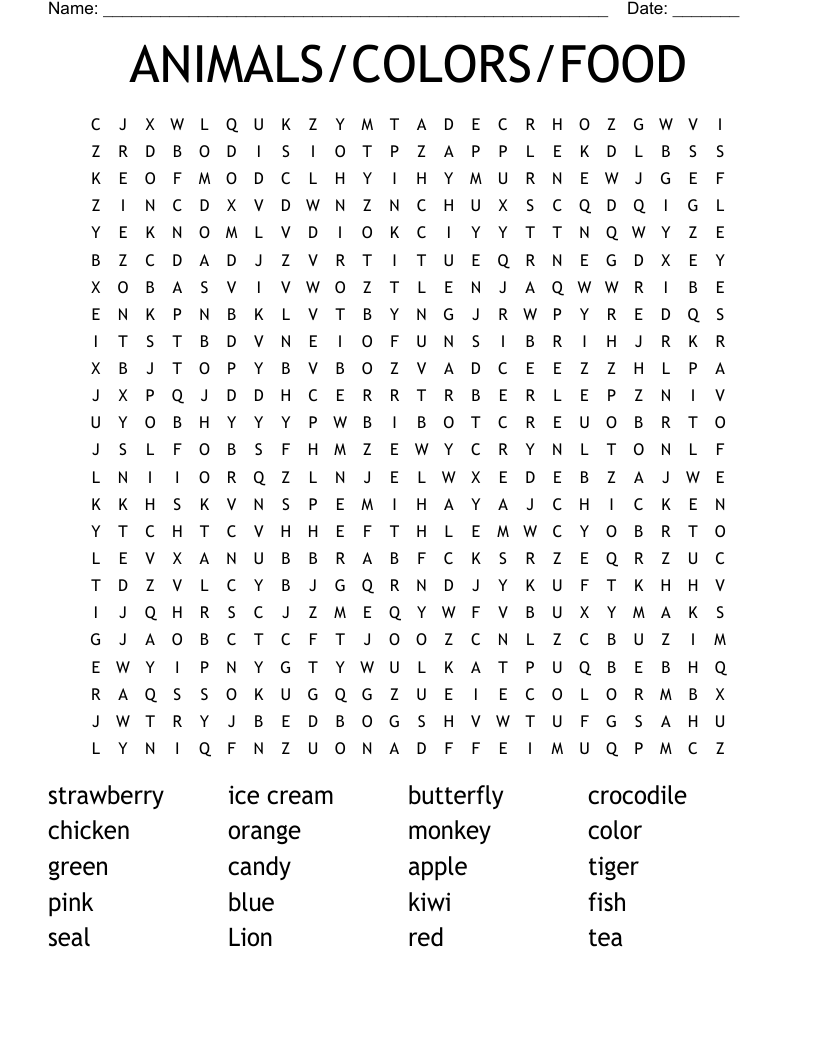 ANIMALS/COLORS/FOOD Word Search - WordMint
