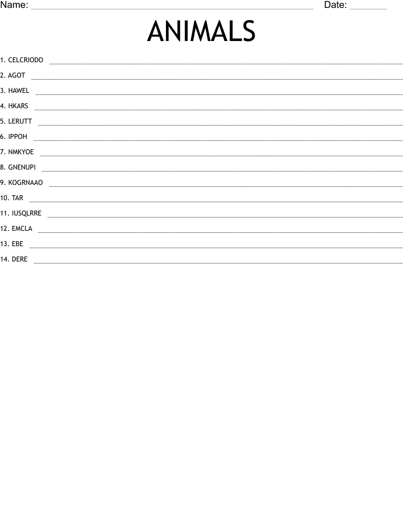 ANIMALS Word Scramble - WordMint