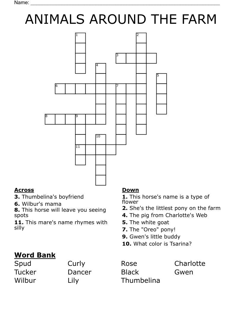 ANIMALS AROUND THE FARM Crossword - WordMint