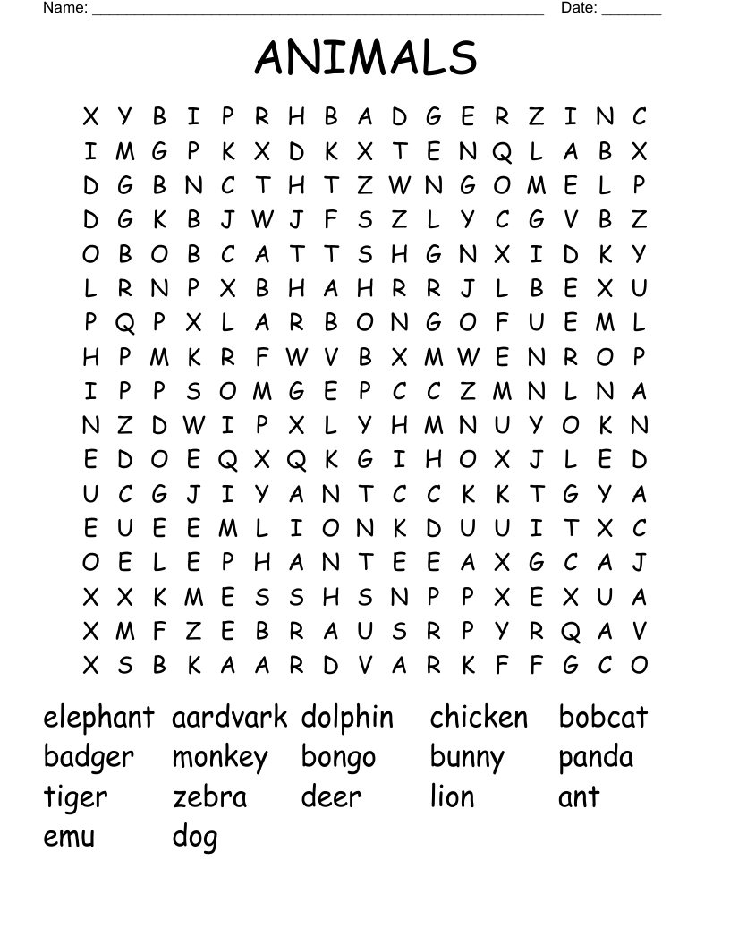 ANIMALS Word Search WordMint