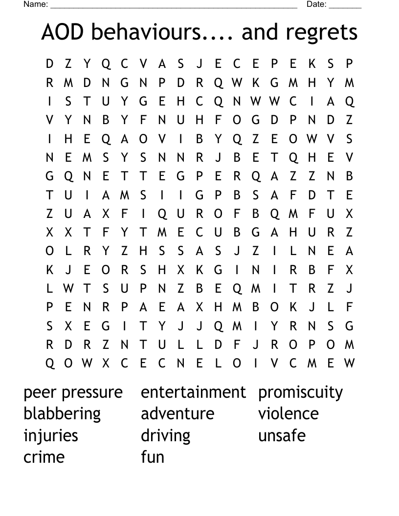 AOD behaviours.... and regrets Word Search - WordMint
