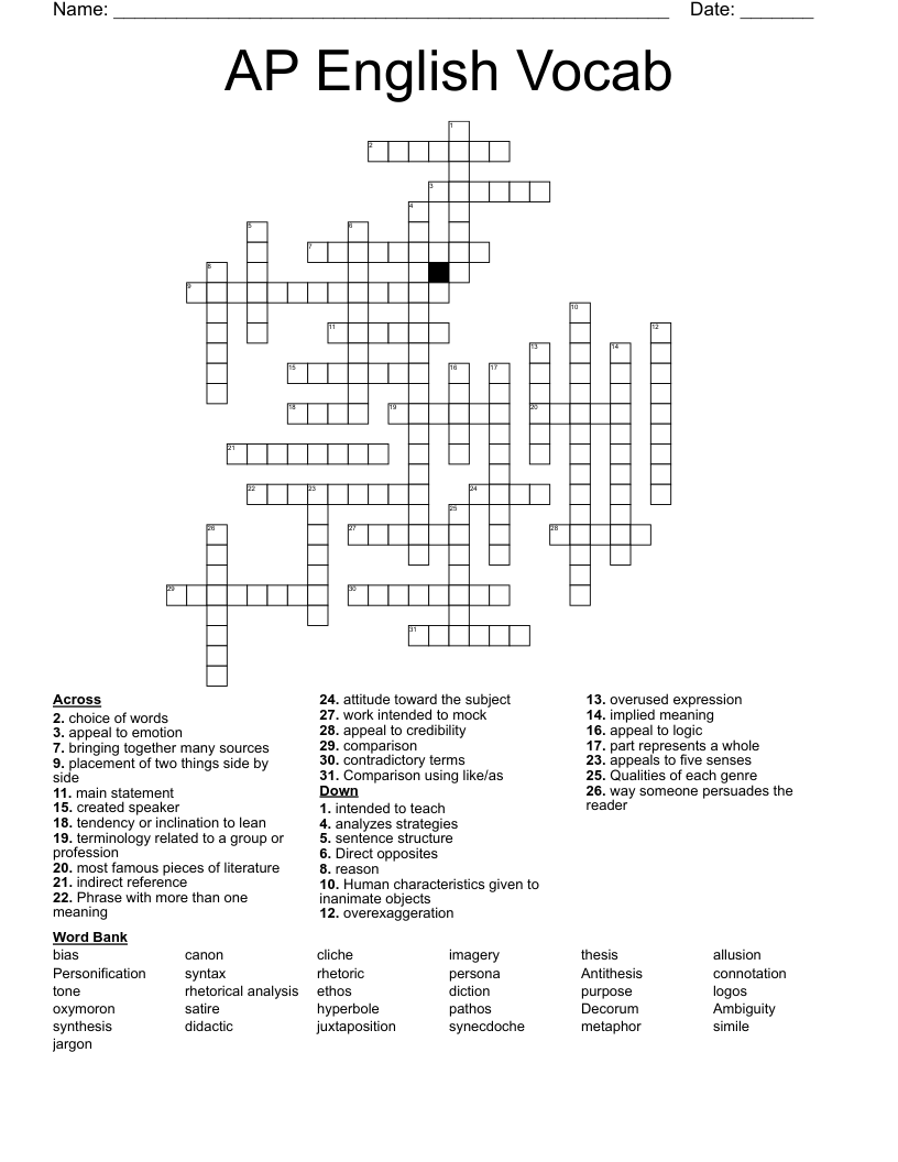 AP English Vocab Crossword WordMint