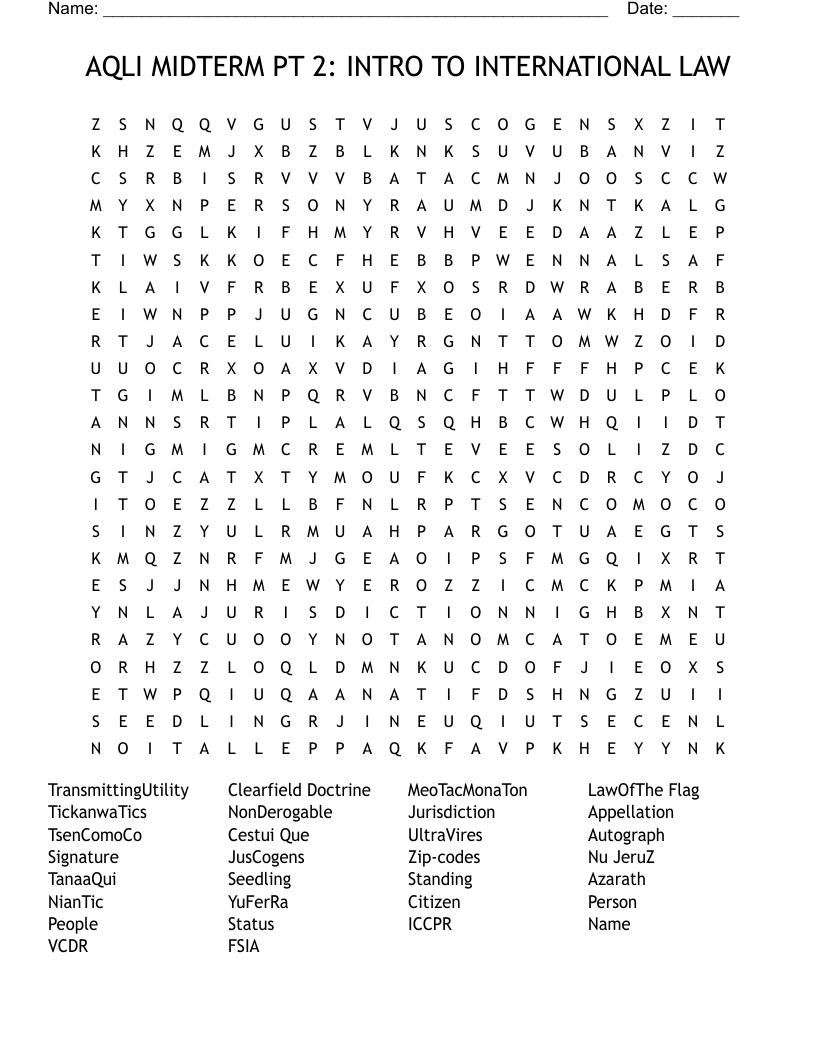 AQLI MIDTERM PT 2: INTRO TO INTERNATIONAL LAW Word Search - WordMint