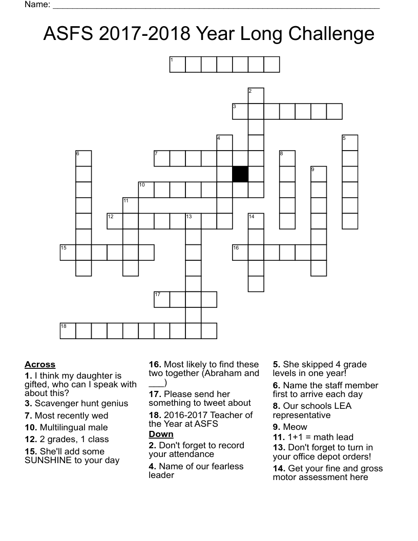 ASFS 2017-2018 Year Long Challenge Crossword - WordMint