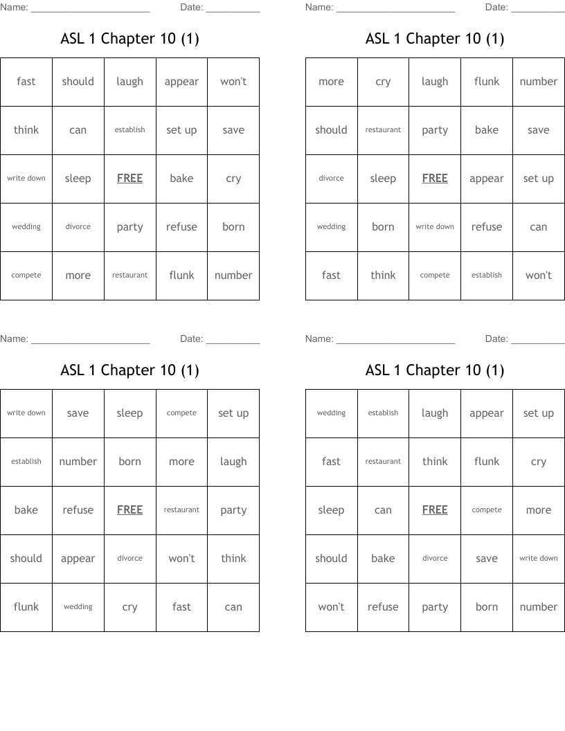 ASL 1 Chapter 10 (1) Bingo Cards - WordMint