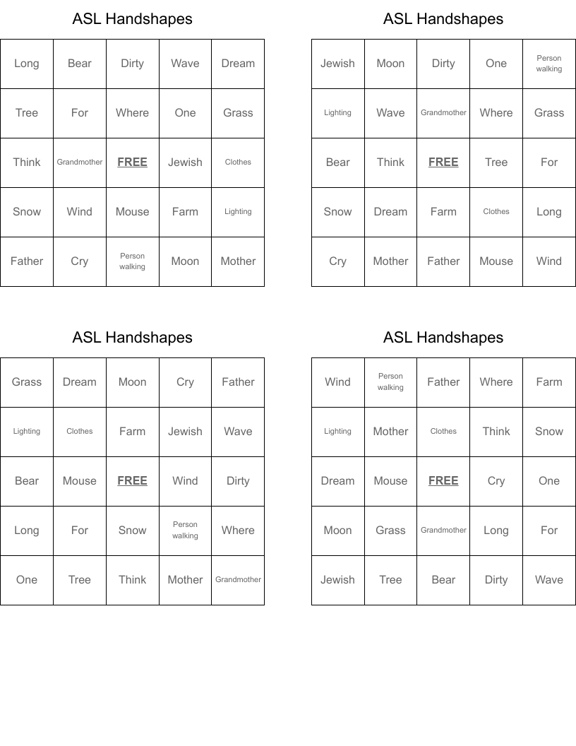 ASL Handshapes Bingo Cards - WordMint
