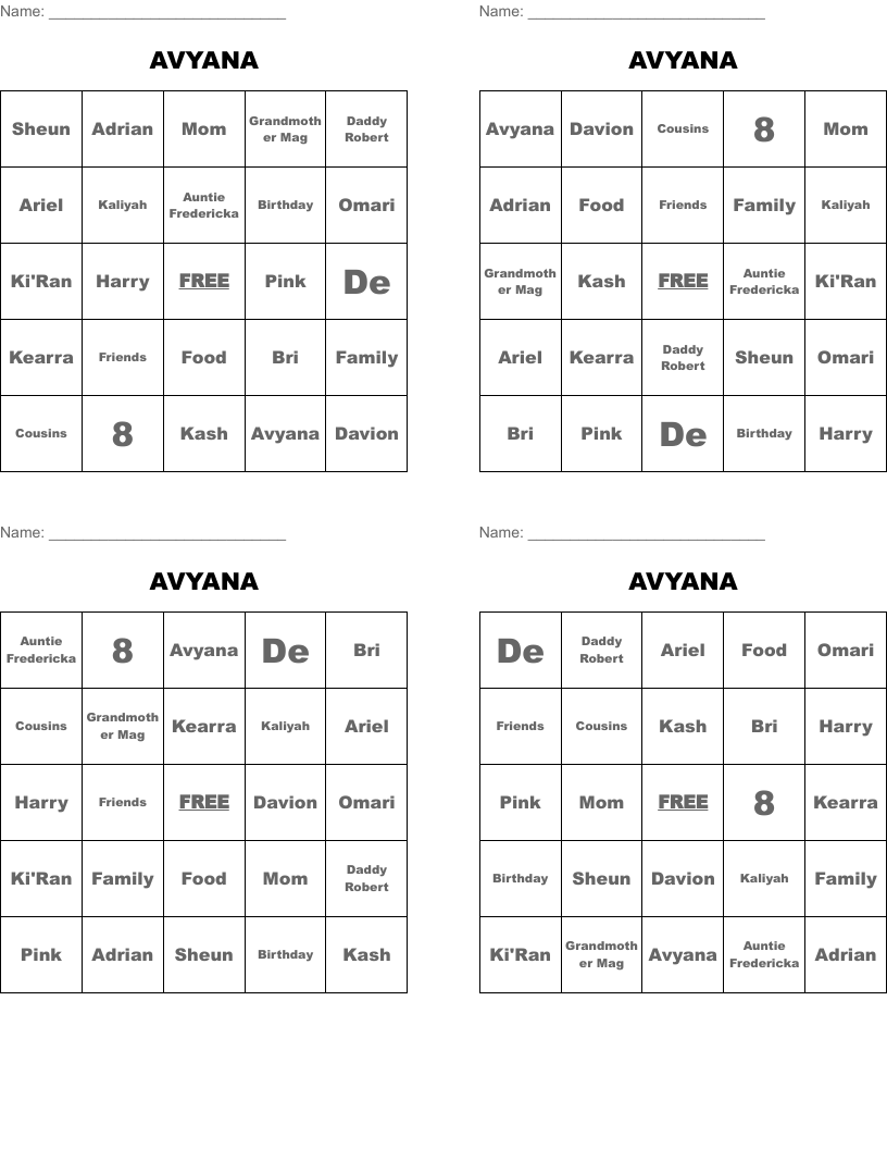 AVYANA Bingo Cards - WordMint